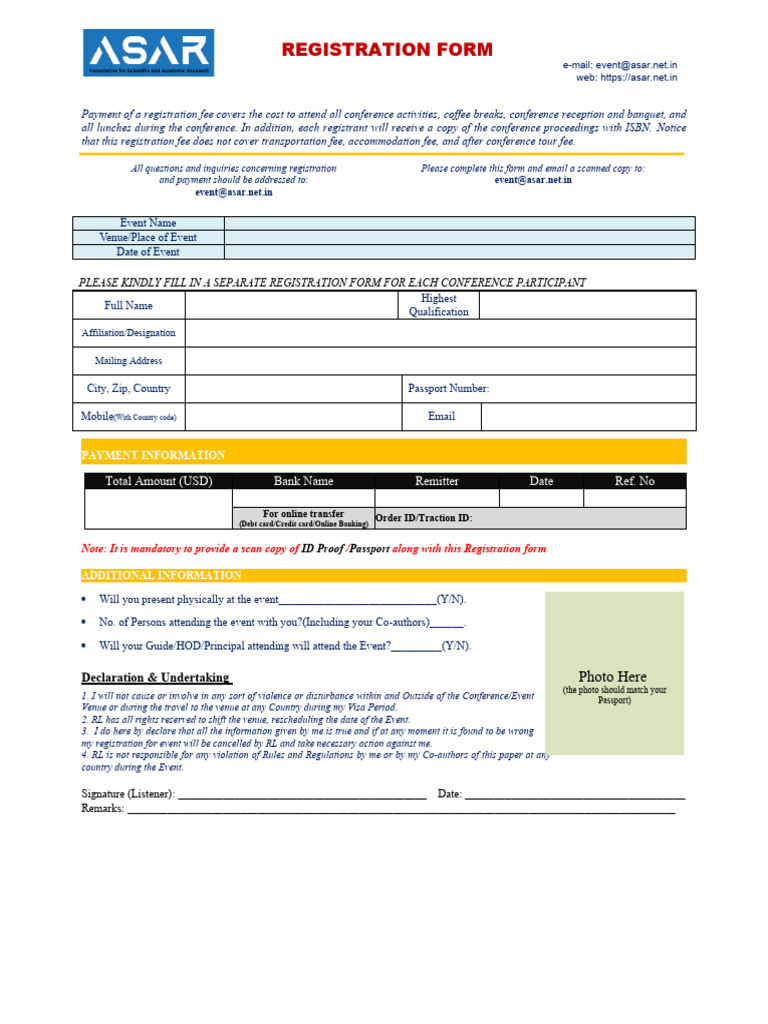 ASAR Listener Registration Form | PDF | Credit Card | Fee