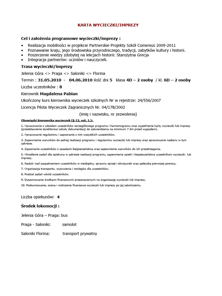 Przykład KARTA WYCIECZKI | PDF