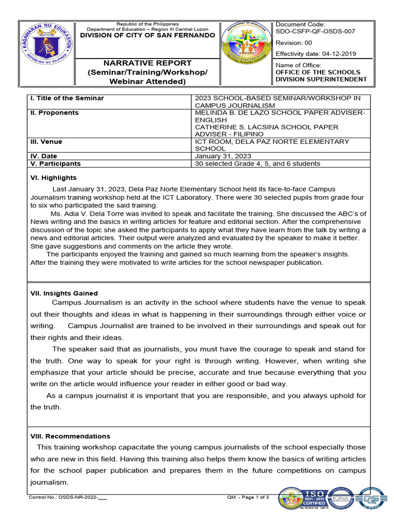 Narrative-Report-Journalism-Workshop 2023 | PDF