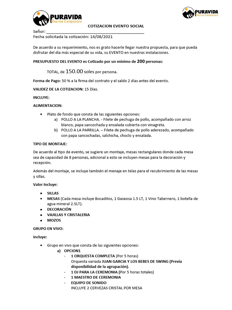 COTIZACION EVENTO SOCIAL | PDF | Preparación de comida y bebida | Cocina occidental