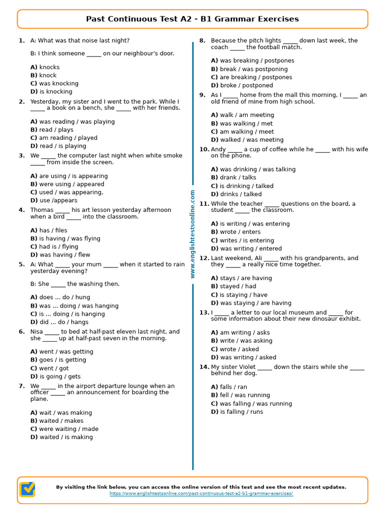 466 Past Continuous Test A2 b1 Grammar Exercises | PDF