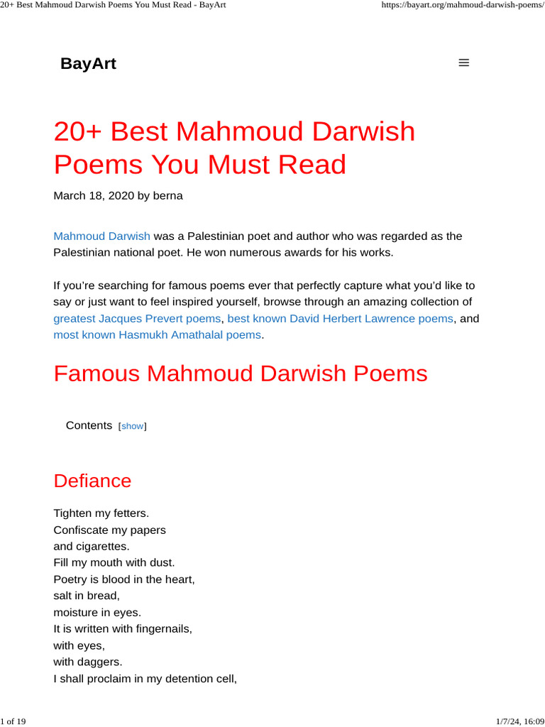 20+ Best Mahmoud Darwish Poems You Must Read - BayArt | PDF
