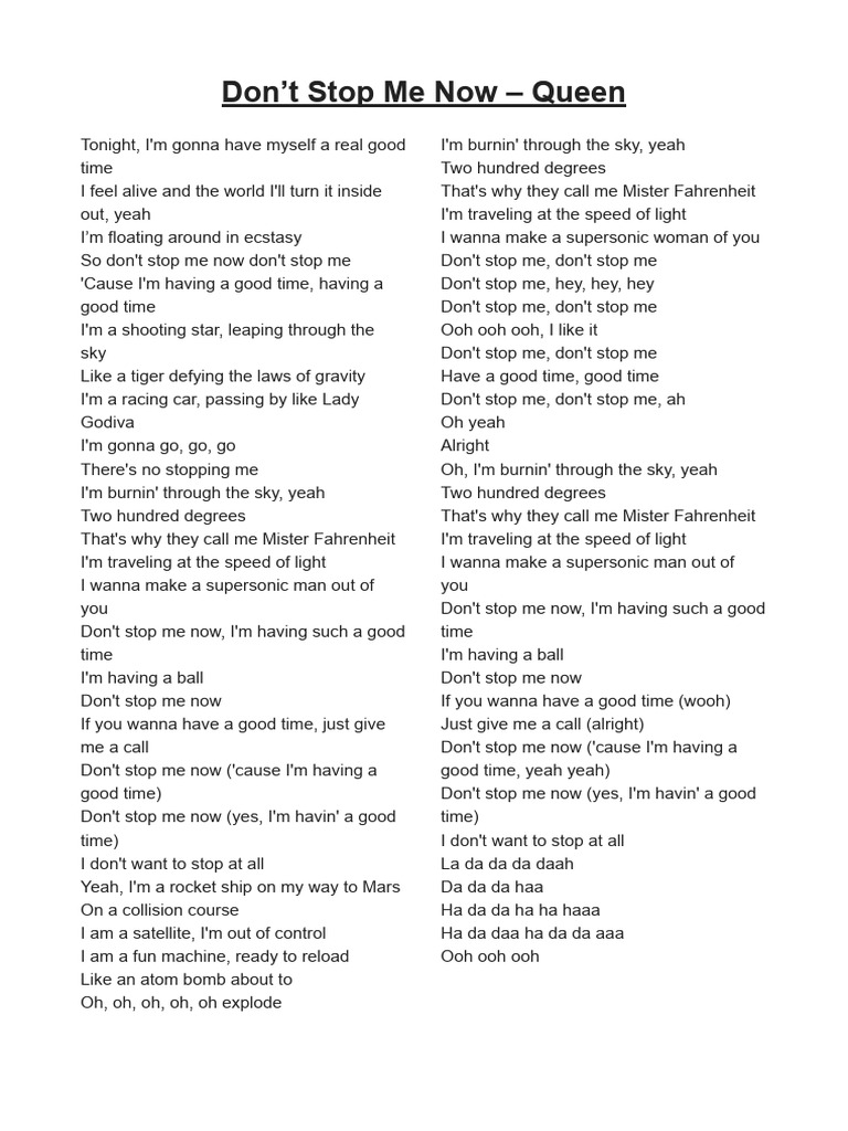 Dont Stop Me Now Lyrics Pdf