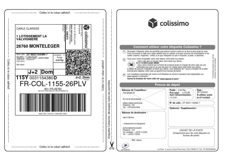 Etiquette Colissimo 2023 11 20 Z0006659796 | PDF