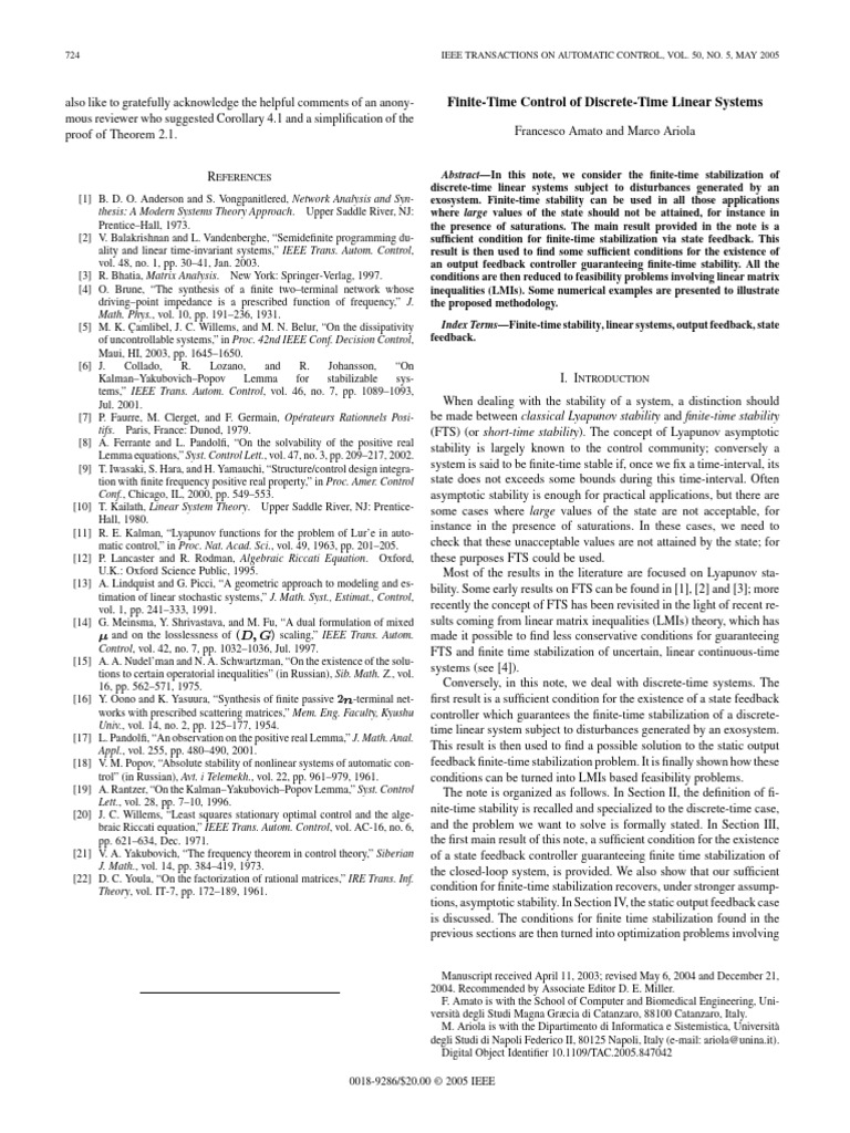 Finite Time Control Of Discrete Time Linear Systems Pdf