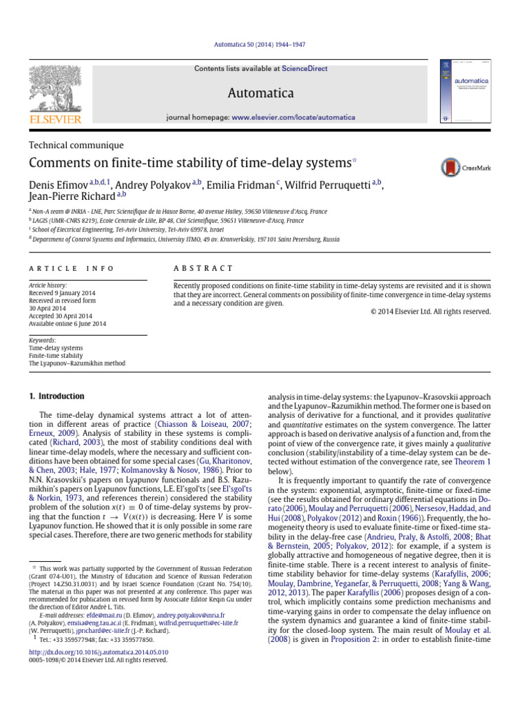 Comments On Finite-Time Stability of Time-Delay Systems | PDF