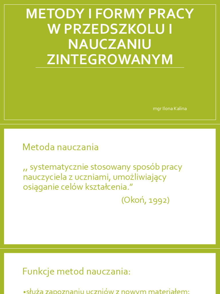 Metody I Formy Pracy W Przedszkolu I Nauczaniu | PDF