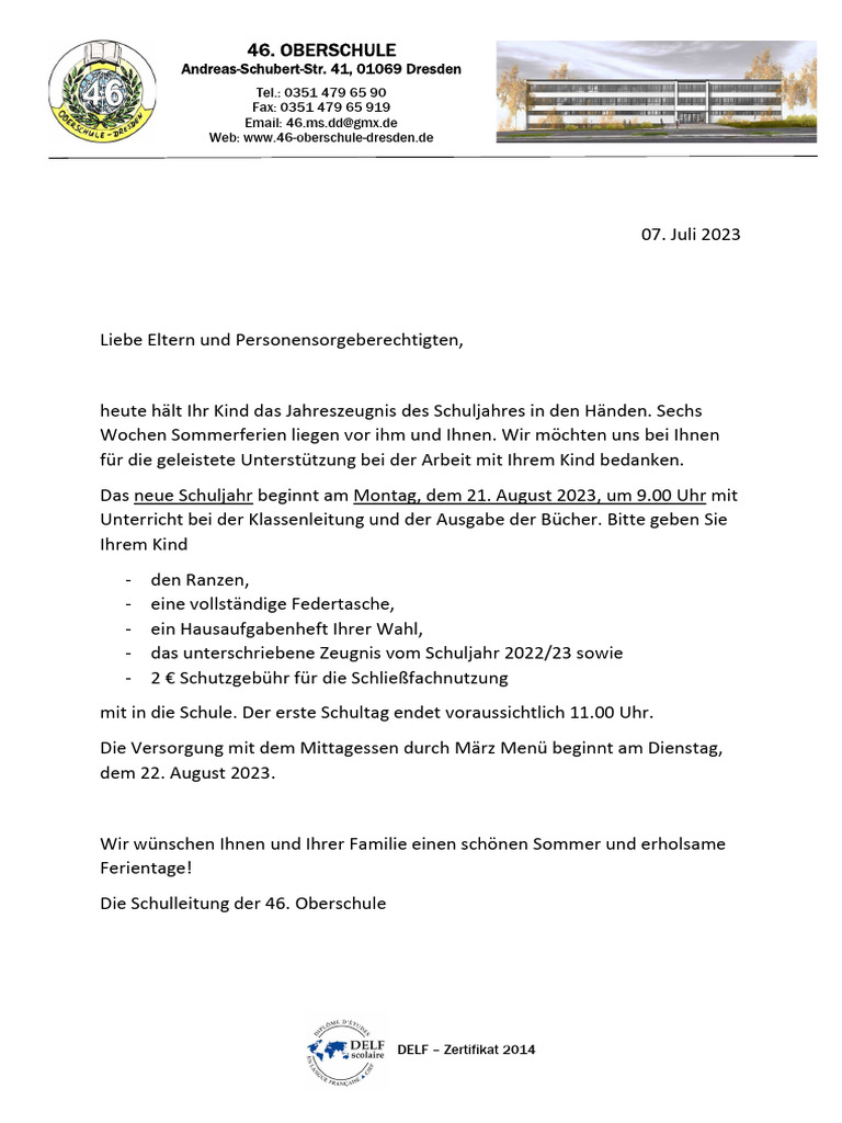 Elternbrief Sommerferien 2023 | PDF
