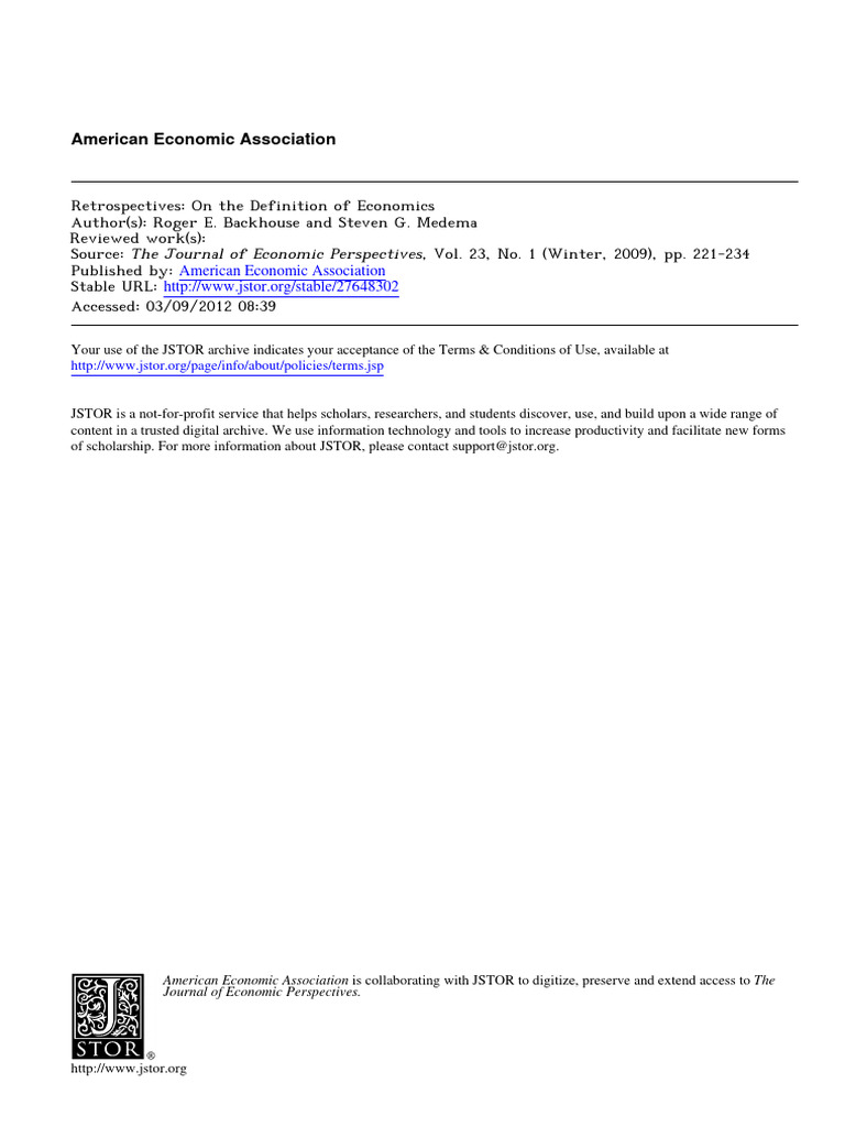 Backhouse and Medema 2009 On The Definition of Economics | PDF ...