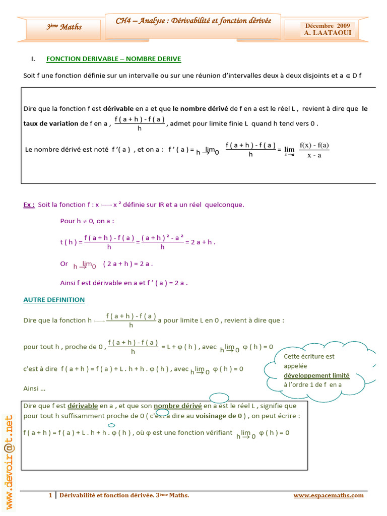 Cours Math - Chap 4 Analyse Dérivabilité Et Fonction Dérivée - 3ème Math (2009-2010) MR ...
