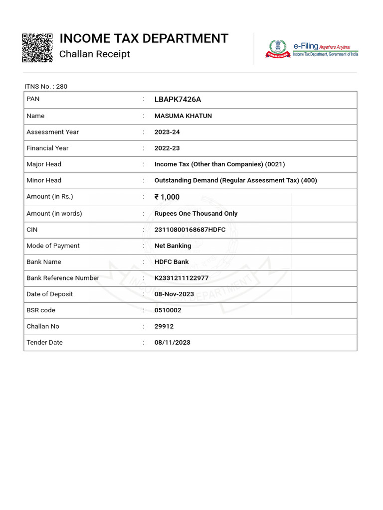 23110800168687HDFC ChallanReceipt | PDF