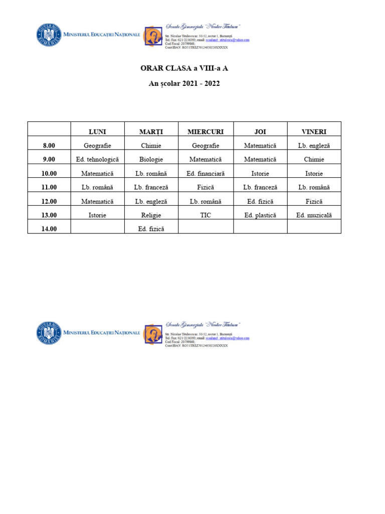 Orar Clasa A VIII-a A | PDF