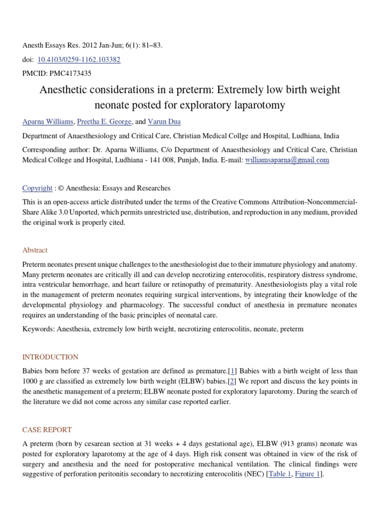 Anesthetic Considerations in A Preterm | PDF | Wellness | Science ...