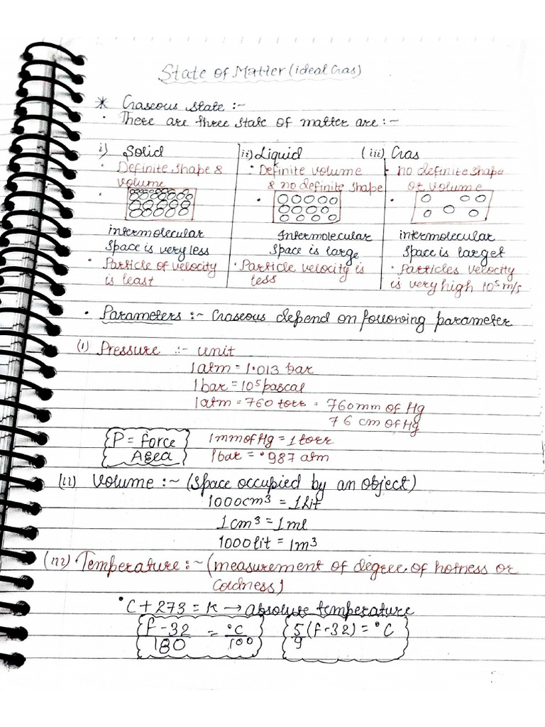 Gaseous State (Ideal Gas) Handmade Notes | PDF