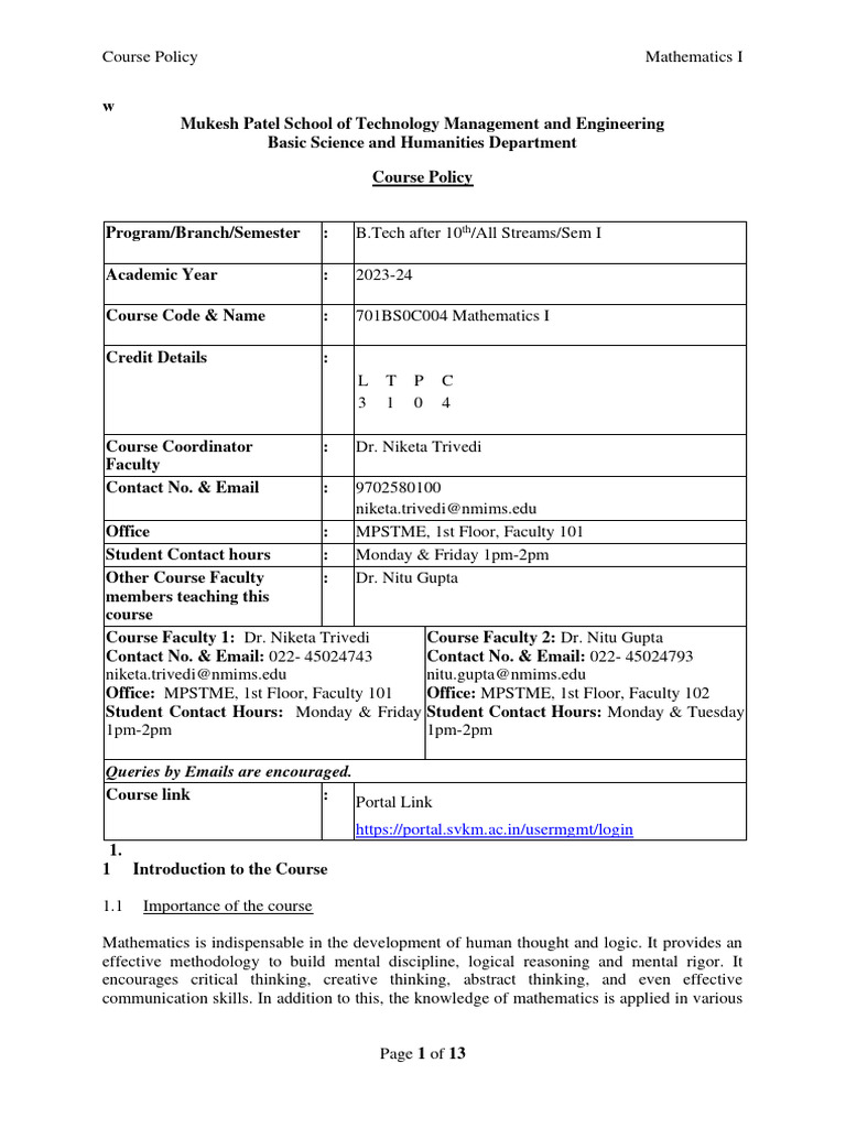Course Policy 2023-24 Sem I Mathematics-I BTI | PDF