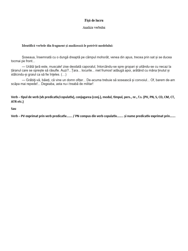 Fisa de Lucru - Analiza Verbului | PDF