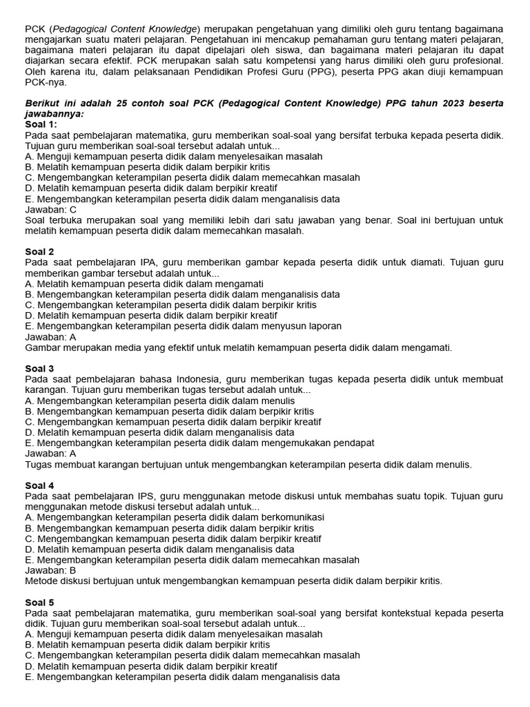 25 Contoh Soal PCK (Pedagogical Content Knowledge) PPG Tahun 2023 Dan Jawabannya | PDF