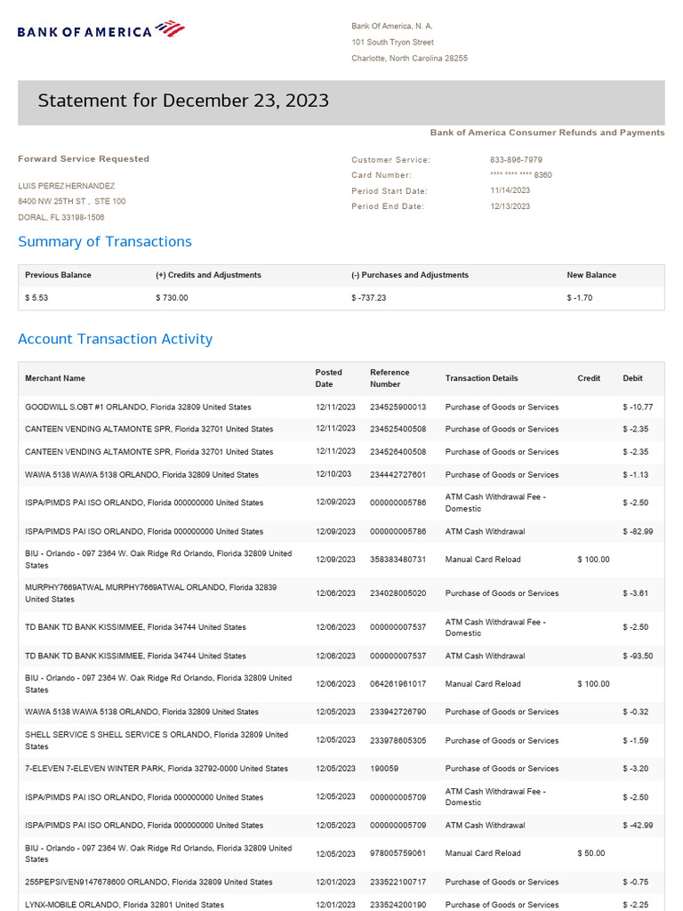 Luis Perez Statement Bank of America | PDF