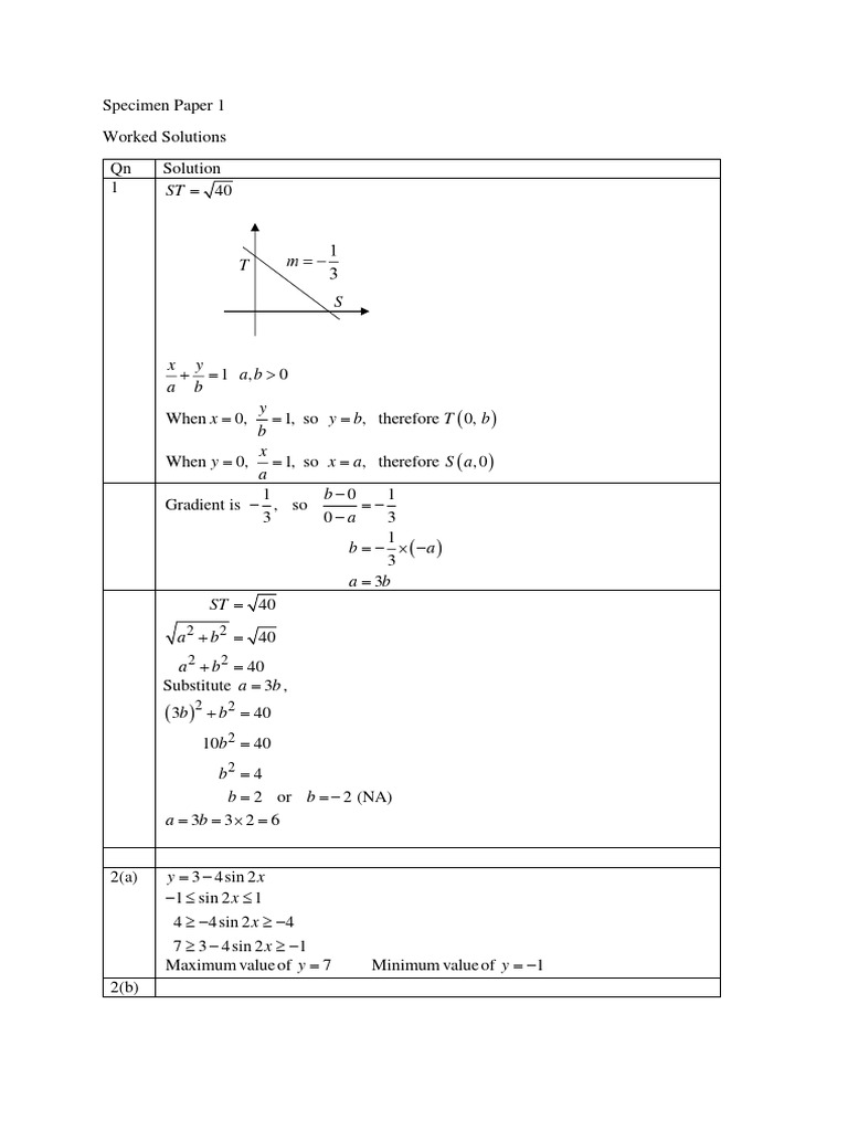 AM Specimen Paper 1 Worked Solutions Yuh | PDF | Trigonometric Functions | Geometry