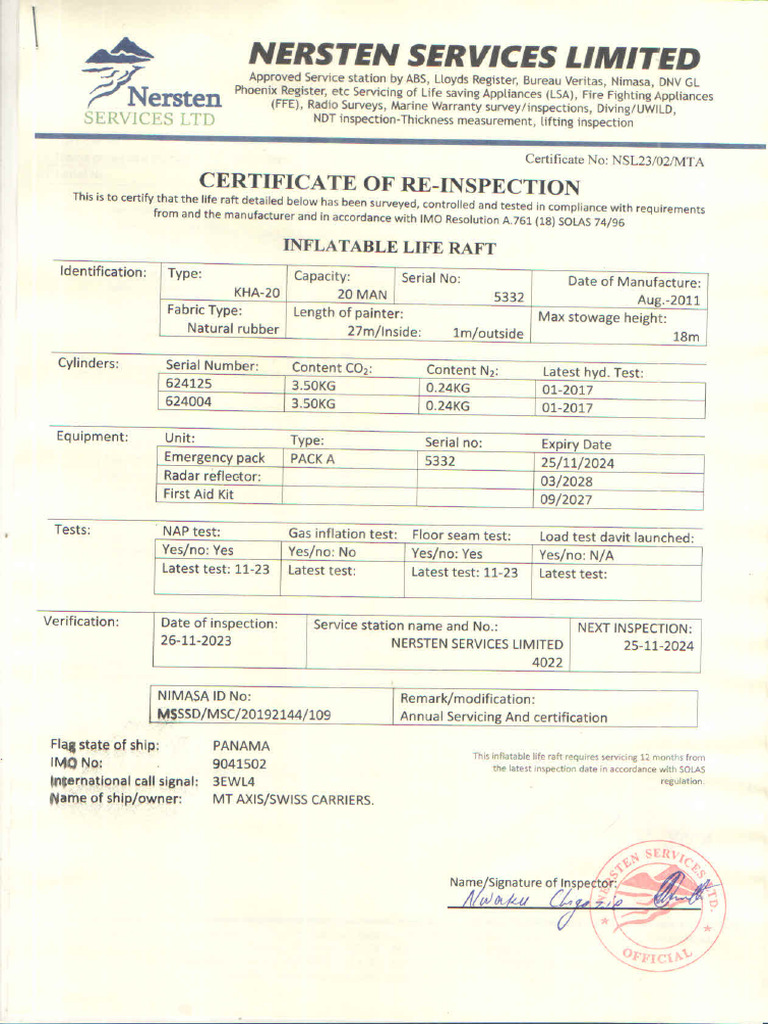 MT Axis Liferaft Certificate | PDF
