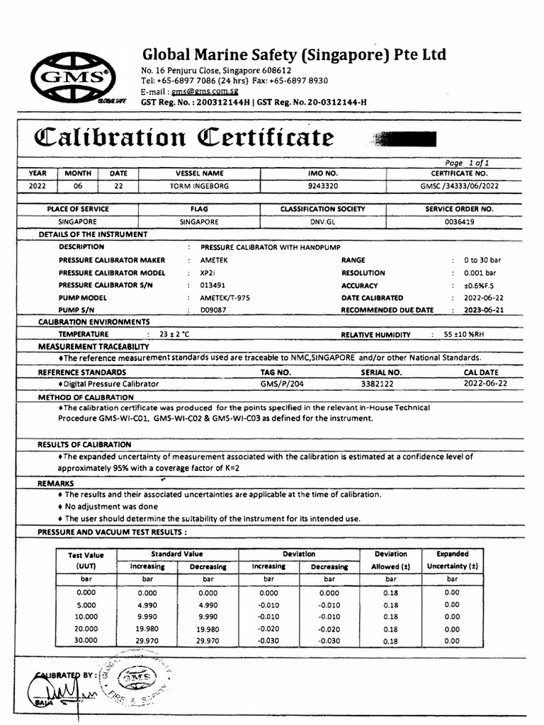 Pressure Calibrator Caibration Certificate | PDF
