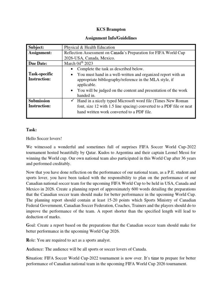 Planning For FIFA World Cup 2026 Assignment | PDF