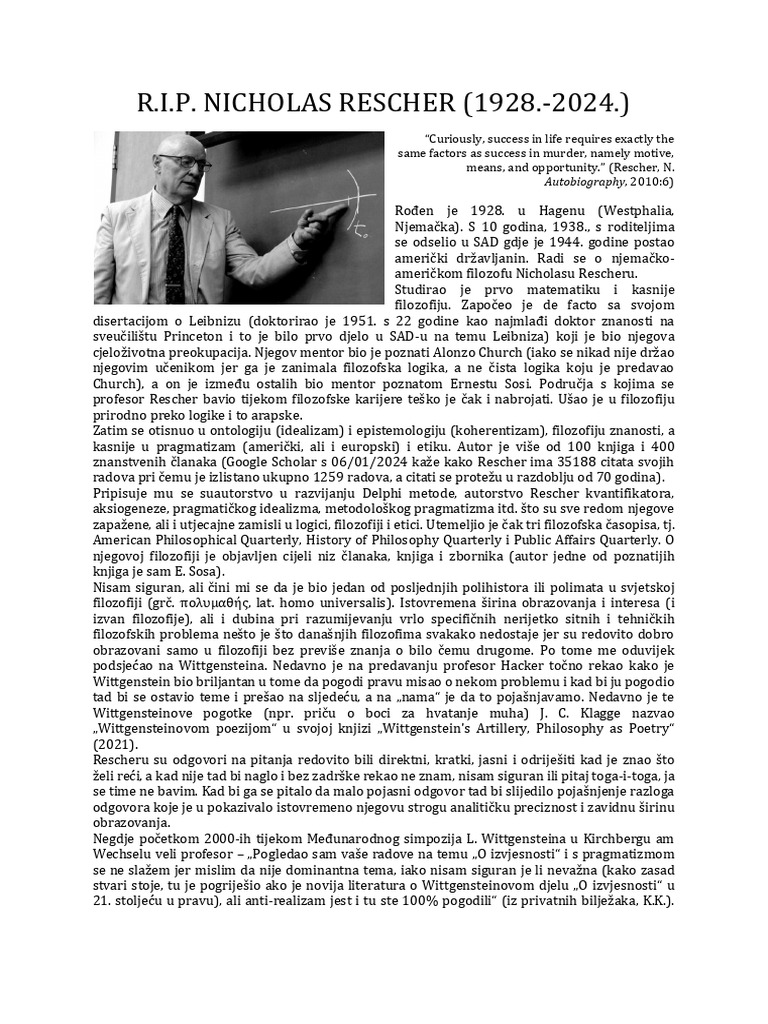 R.I.P. Nicholas Rescher (1928.-2024.) | PDF