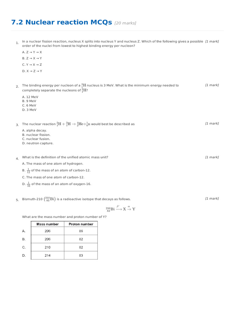 7.2_Nuclear_reaction_MCQs | PDF | Atomic Nucleus | Nuclear Reaction