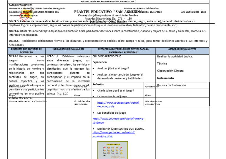 Planificación 1ro, 2do, 3ro Bachillerato El Juego | PDF
