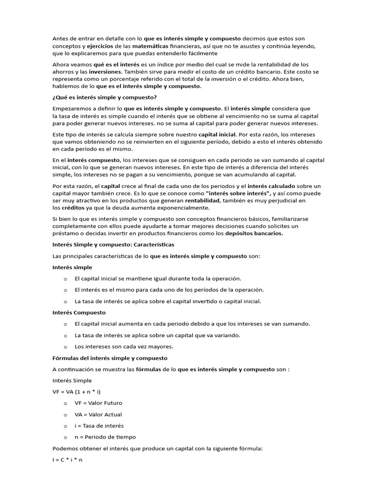 Interés Simple vs Compuesto: Guía Esencial | PDF | Interés | Tasas de ...