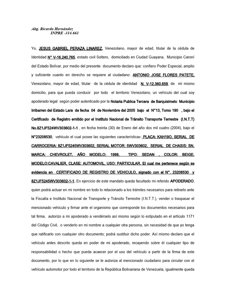 poder venta vehiculo antonio patete | PDF