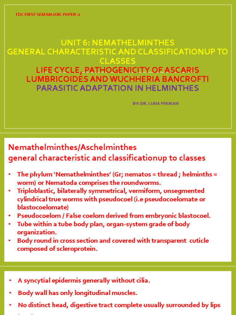 Unit 6: Nemathelminthes General Characteristic and Classificationup To ...