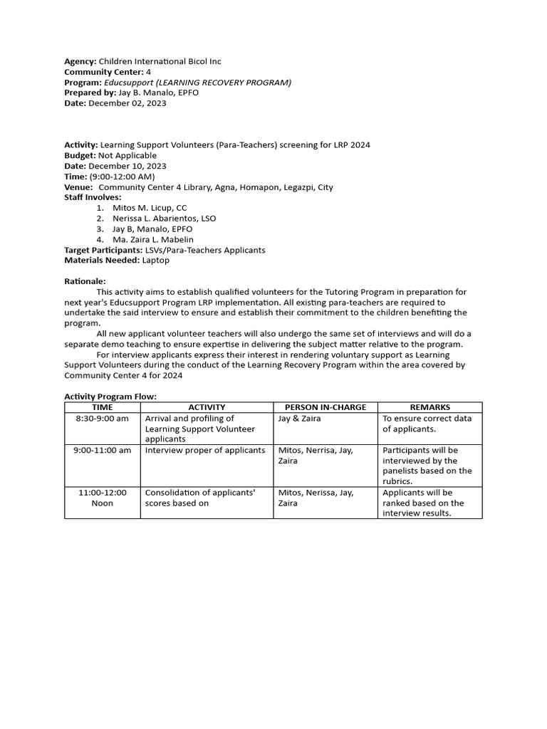 Activity Design LSV Selection_interview tool | PDF