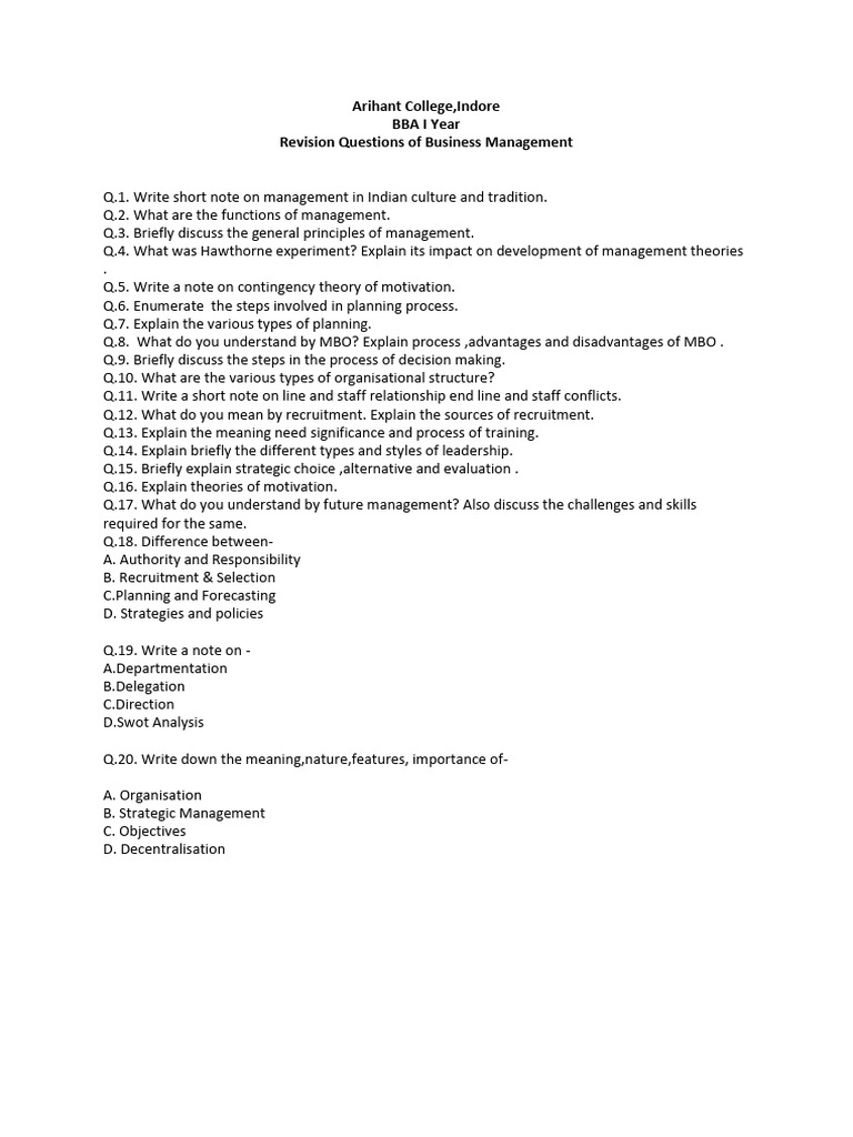 BBA Business Management Revision Questions | PDF
