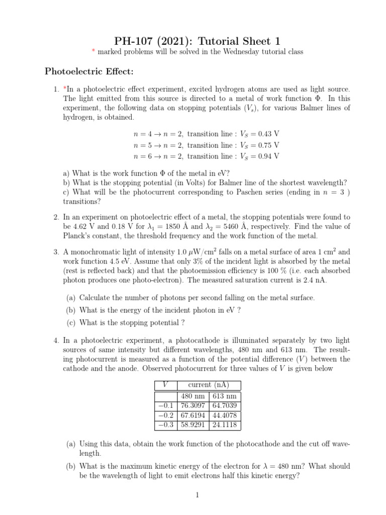 2021 PH107 Tutorial01 | PDF | Photoelectric Effect | Electron
