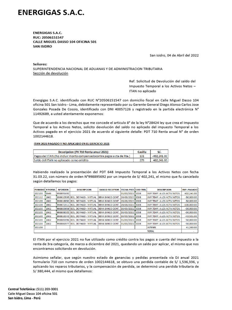 ESCRITO DEVOL. ITAN 2021 ENERGIGAS Firmado | PDF | Impuestos | Finanzas ...