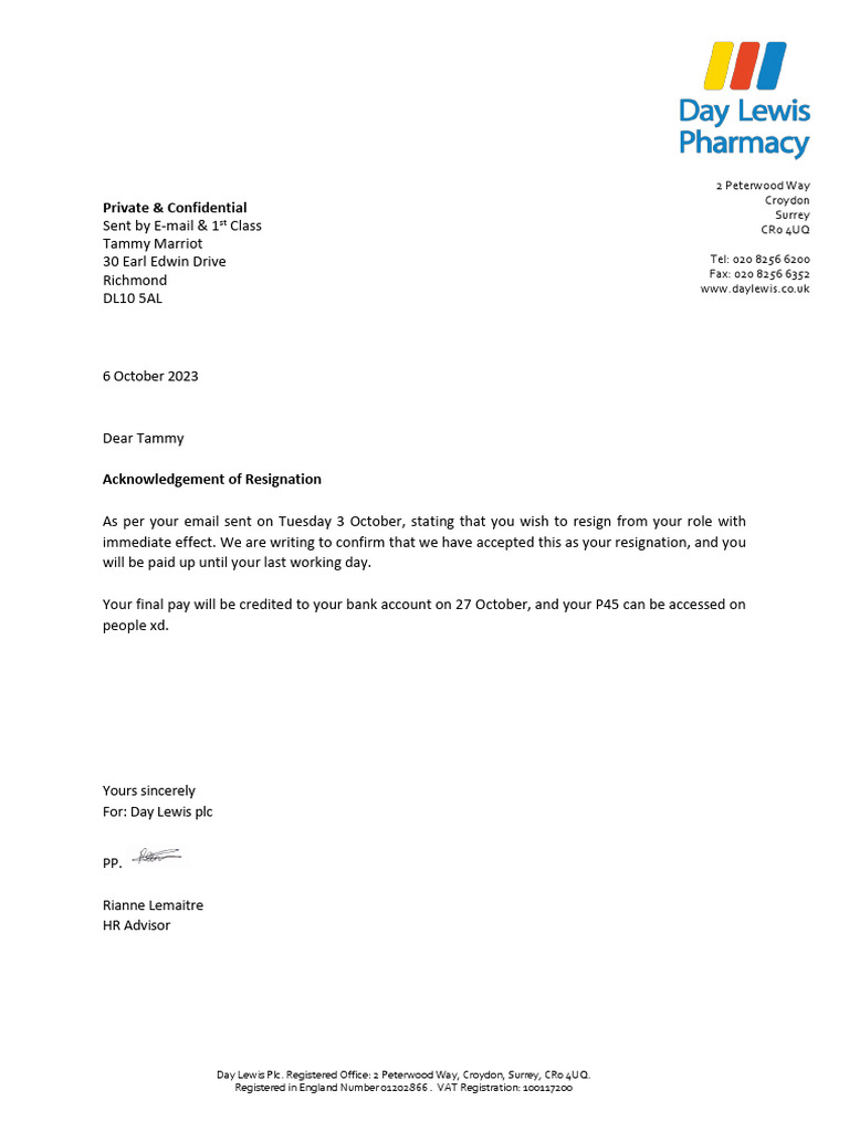 Acknowledgement of Resignation | PDF