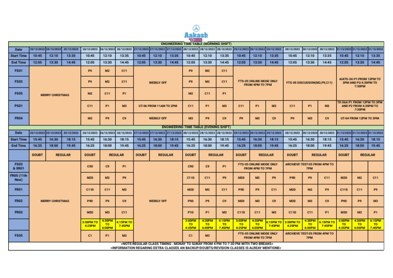 Engineering - Time Table - 25.12.2023 To 31.12.2023 | PDF