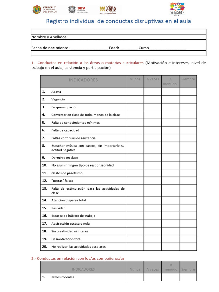 Registro de Conductas Disruptivas en Aula | PDF