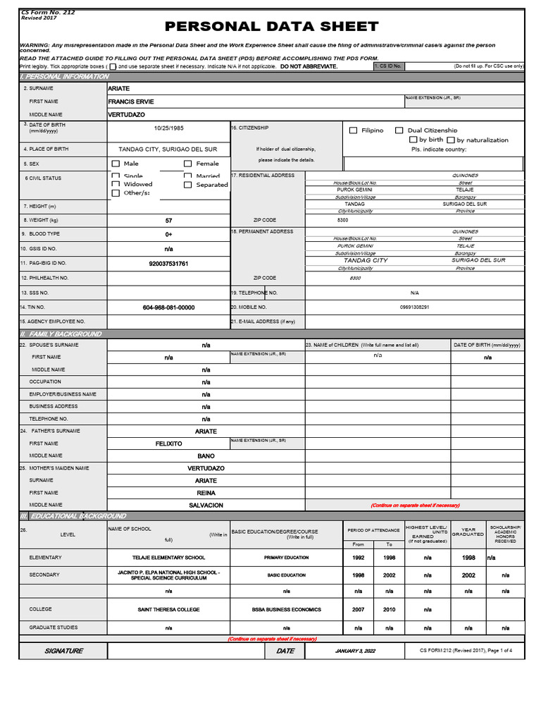 Personal Data Sheet | PDF