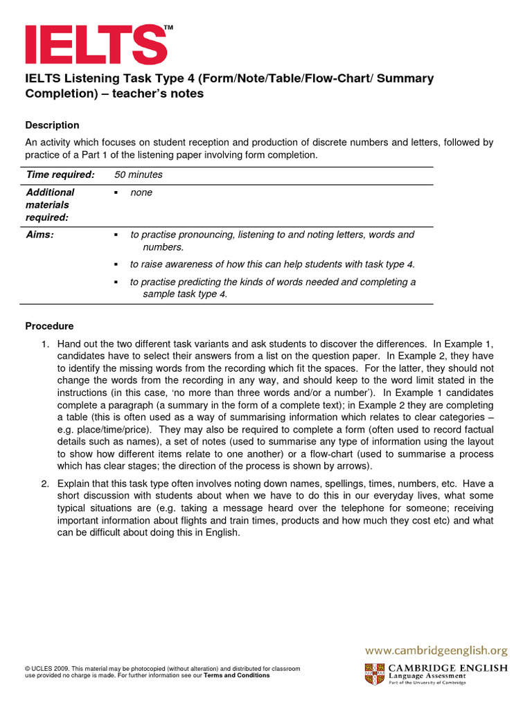 IELTS Listening Task 4 Form, Note, Table, Flow-Chart, Summary ...