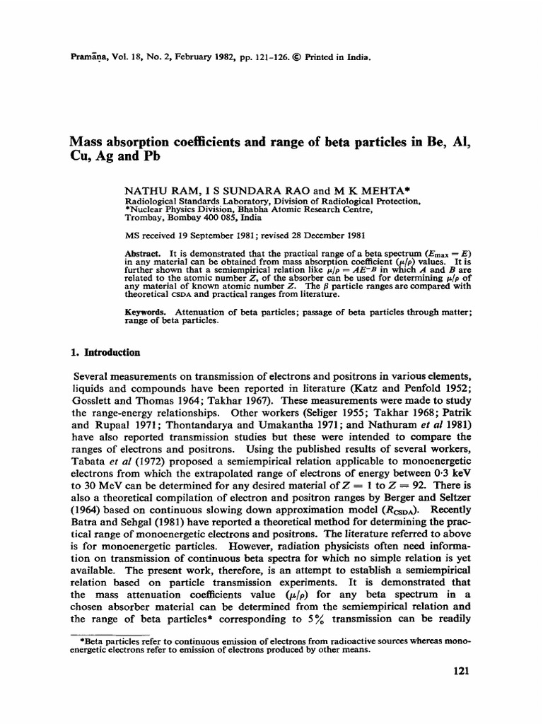 Mass Absorption Coefficients and Range of Beta Particles in Be, AI, Cu ...