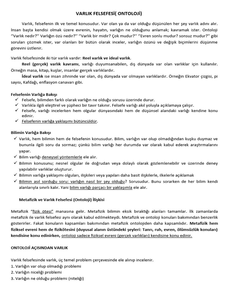 Tyt Felsefe Varlik Felsefesi Konu Anlatimi | PDF