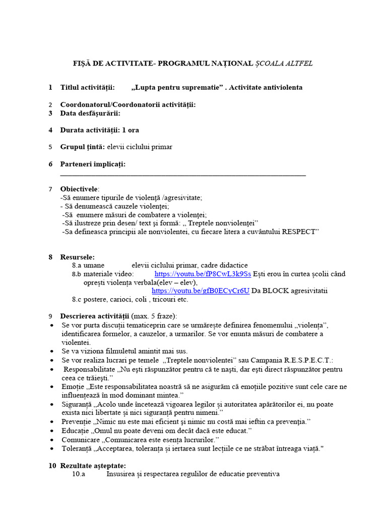 0 Fisa de Activitate Scoala Altfel Activitate Antiviolenta | PDF