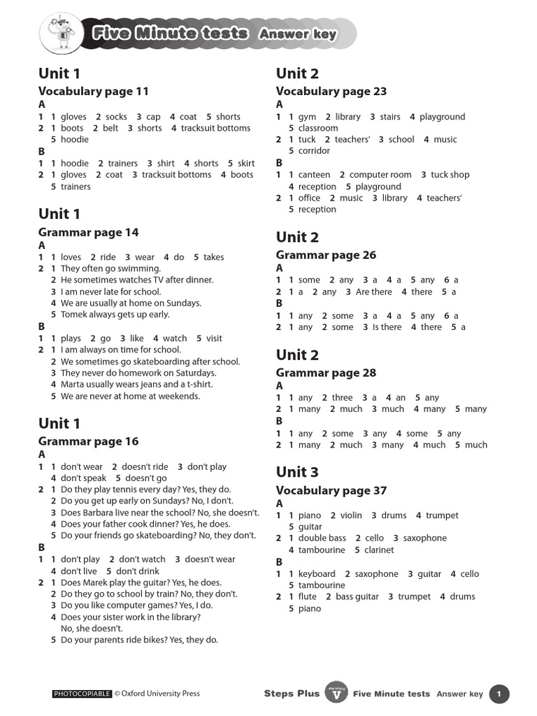 Steps Plus V 5min Tests Klucz Odpowiedzi | PDF