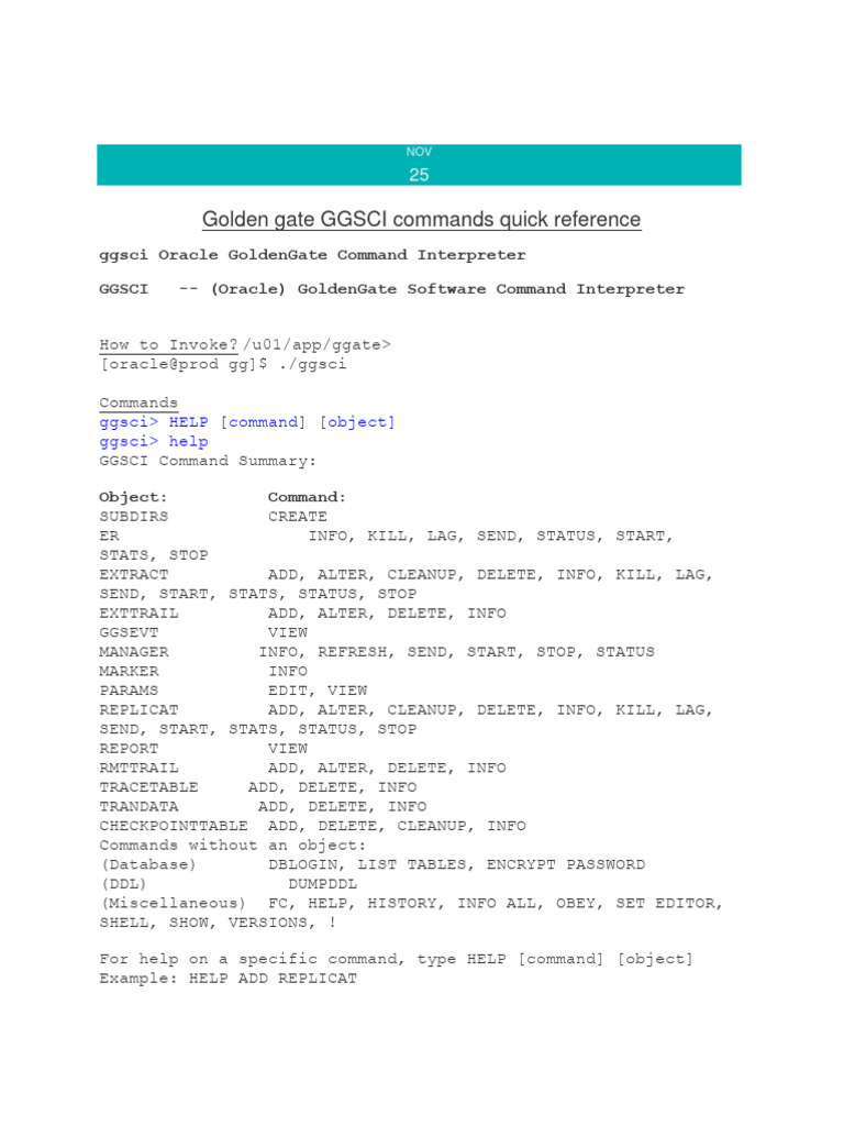 Golden Gate GGSCI Commands Quick Reference | PDF