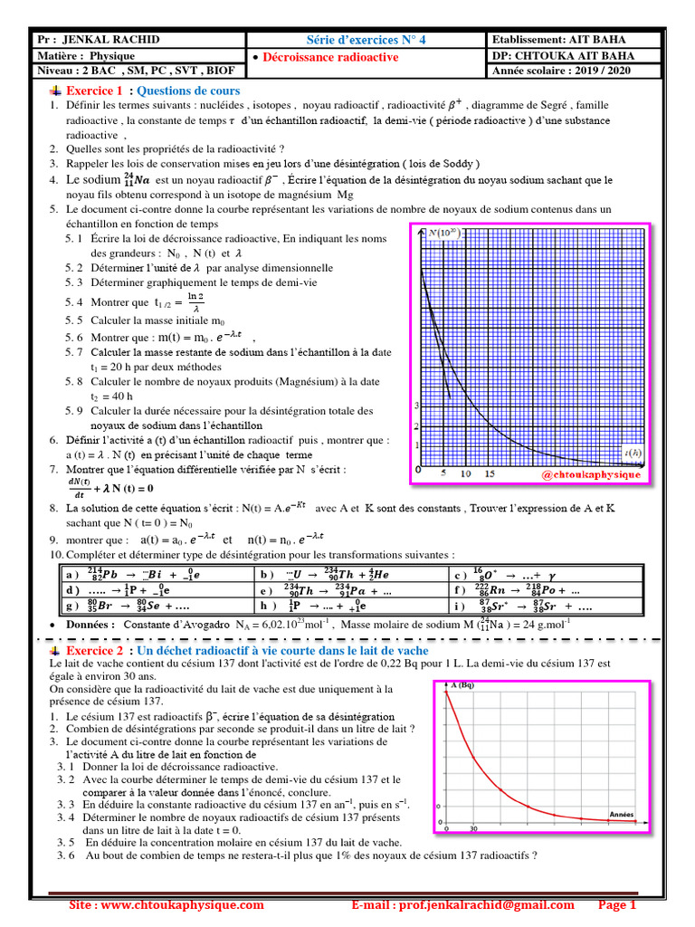 Série D'exercices 4, Décroissance Radioactive, 2BAC BIOF, SM, PC Et SVT, PR JENKAL RACHID | PDF ...