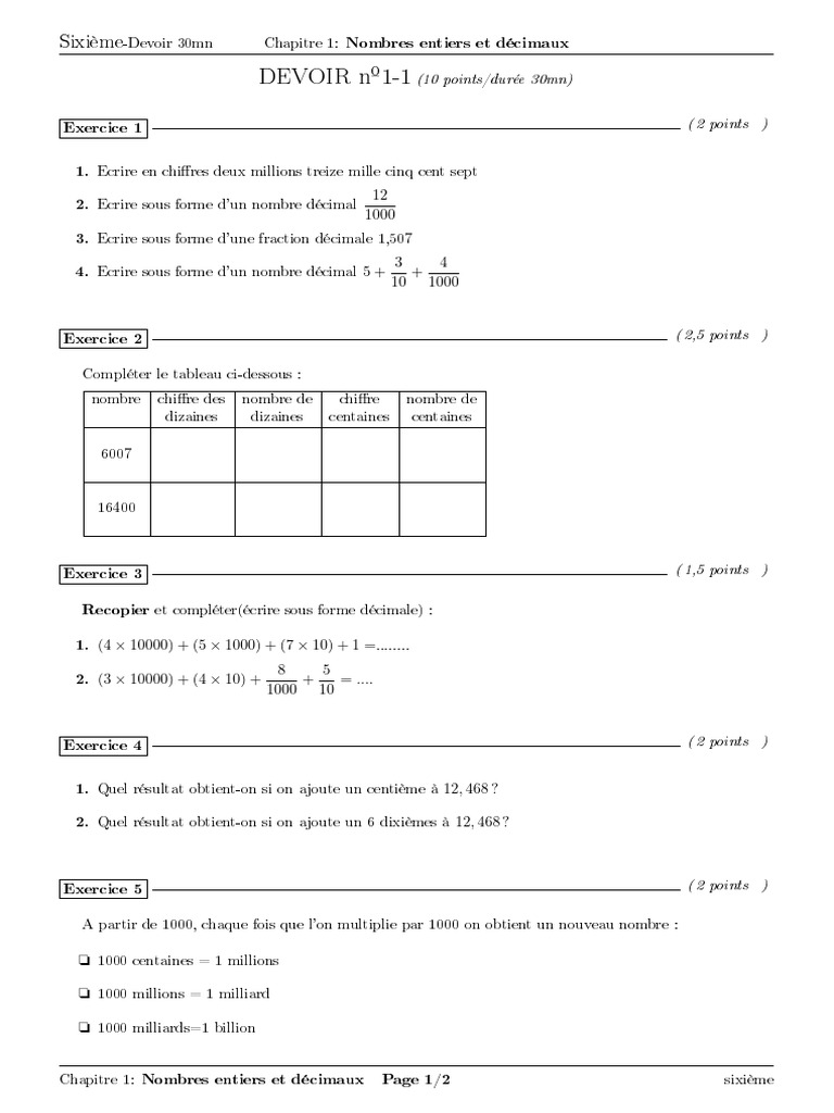Devoir 1 Vocabulaire Des Nombres Decimaux | PDF
