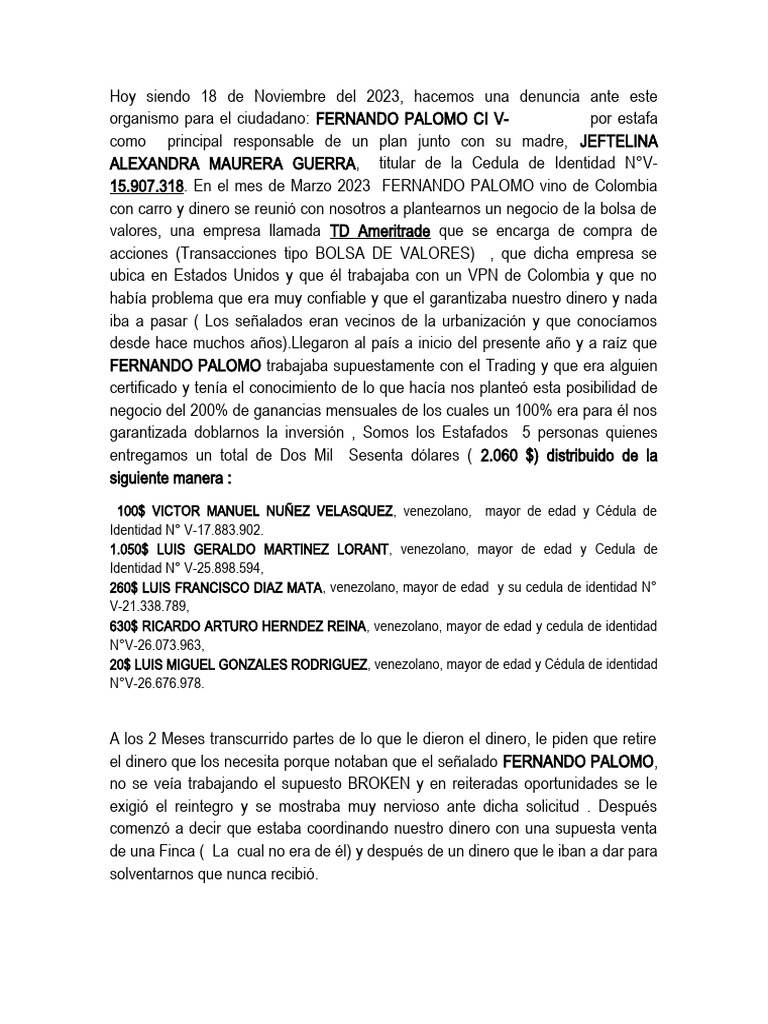 Denuncia Final Fernando Palomo y Padres | PDF