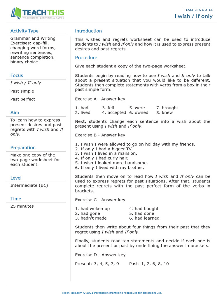 I Wish If Only Worksheet | PDF | Language Mechanics | Grammar